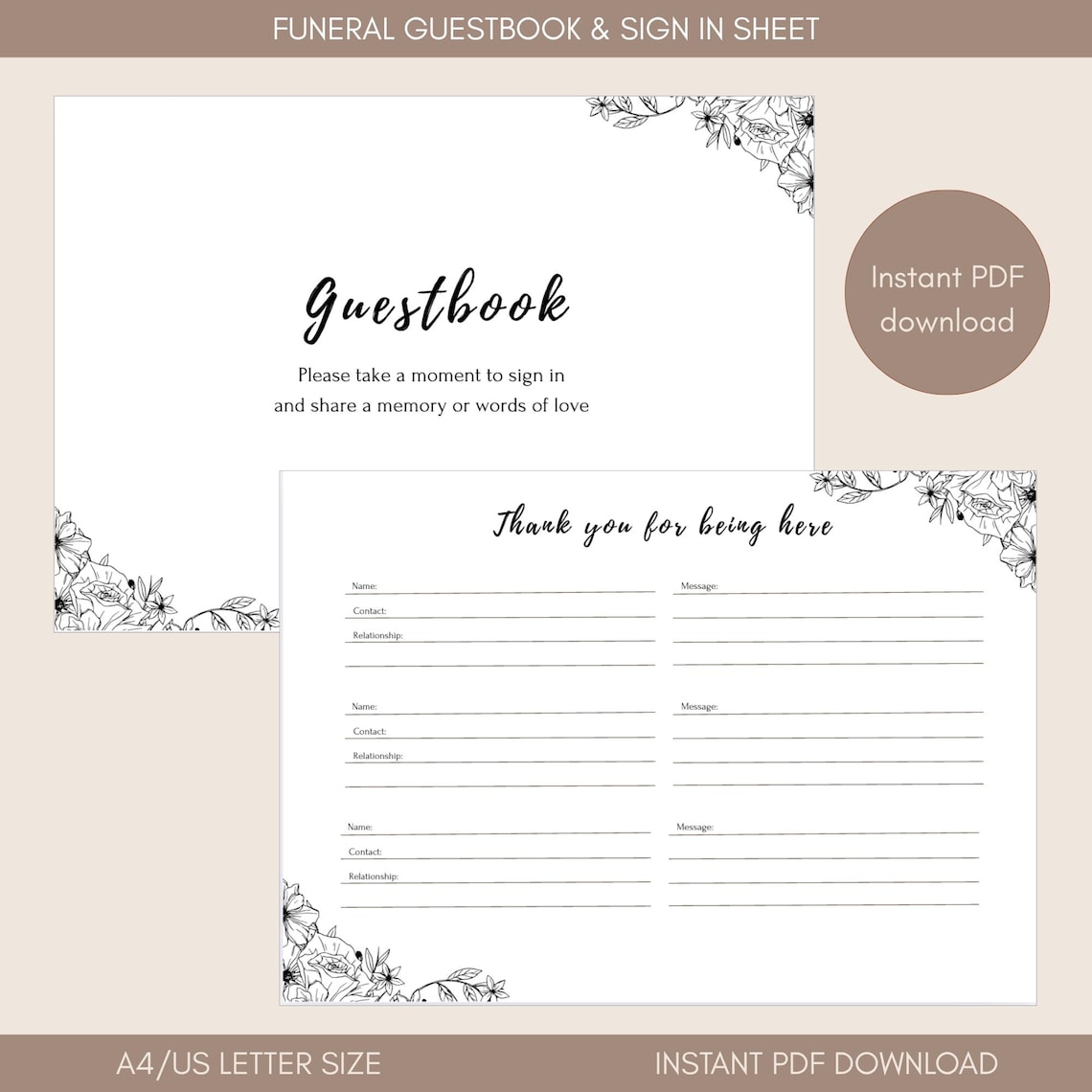 Funeral Sign-in Sheet: Memorial Guest Book (PDF Download A4 Landscape ...