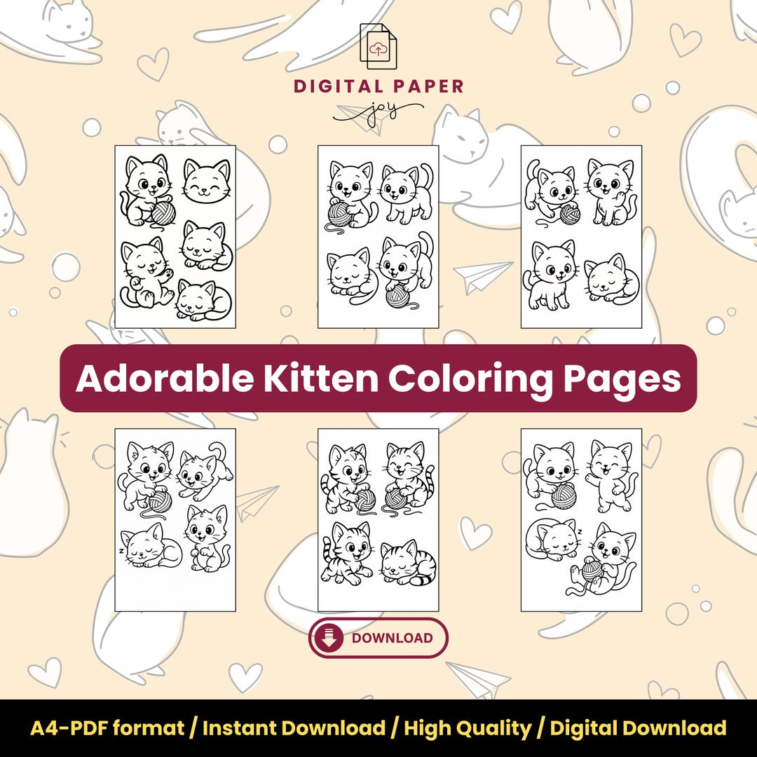 Adorable Kitten Coloring Pages for Kids – 6 Printable Sheets – Instant ...