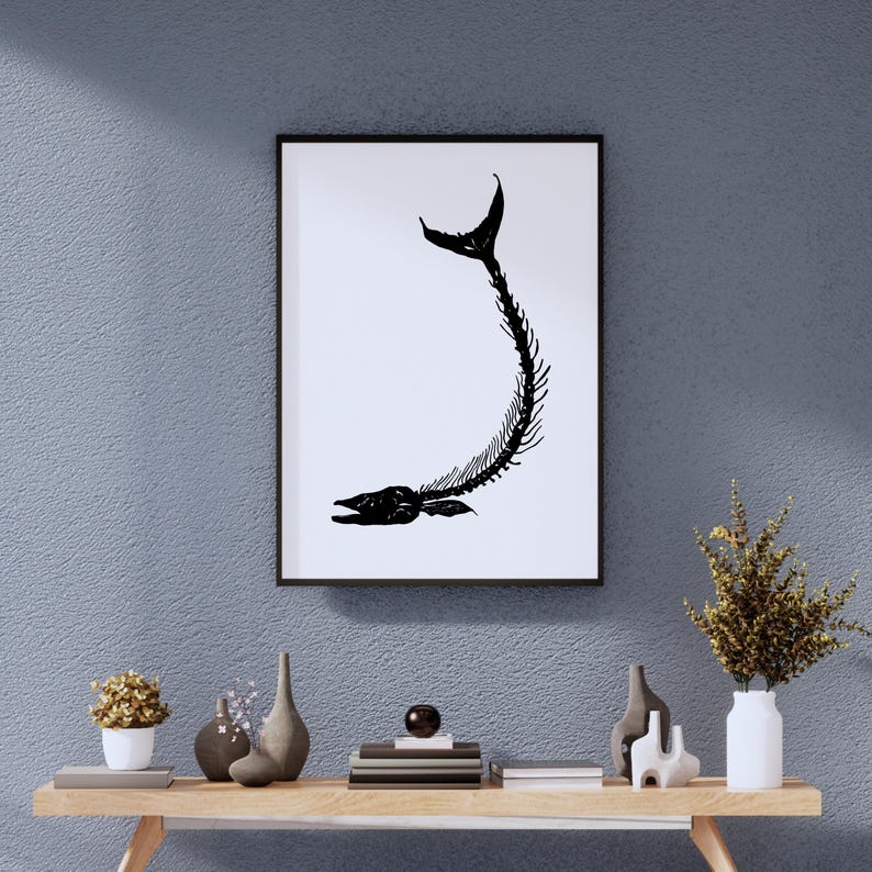 Kingfish Skeleton Poster, Coastal Nautical Ocean Art Print, Fishing ...