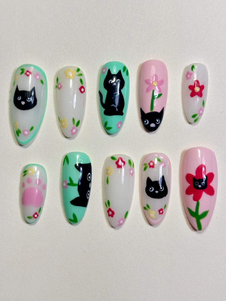 Floral Cat Reusable Press on Nails | Custom Nails | Handpainted Nails ...