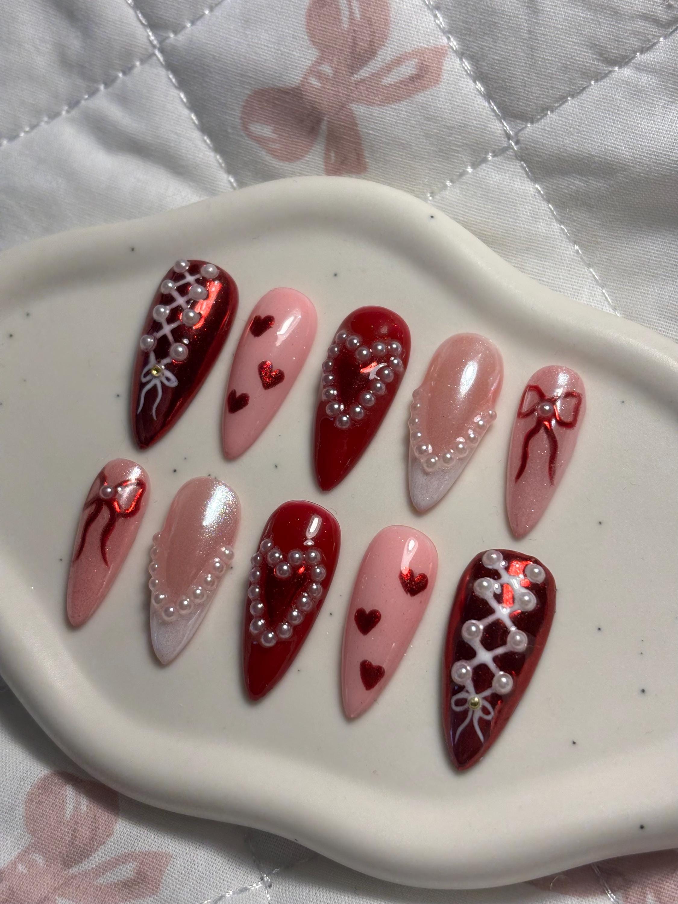 Red and Pink Chrome Valentine's Day Press on Nails | Love | Valentine Nails | Heart | Handmade ...