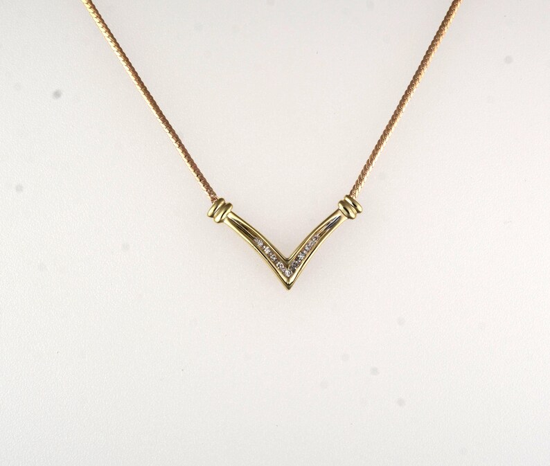 10k Yellow Gold Vee Necklace With Natural Diamonds and Petite Cuban ...