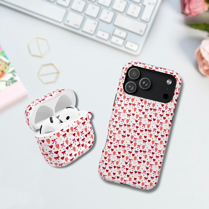 Heart and Bow Pattern AirPod Case With Keychain Protective Case Gen 1-4 ...