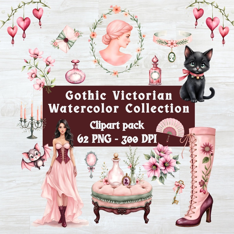 Gothic Victorian Watercolor Clipart Bundle Romantic Goth PNG Victorian ...