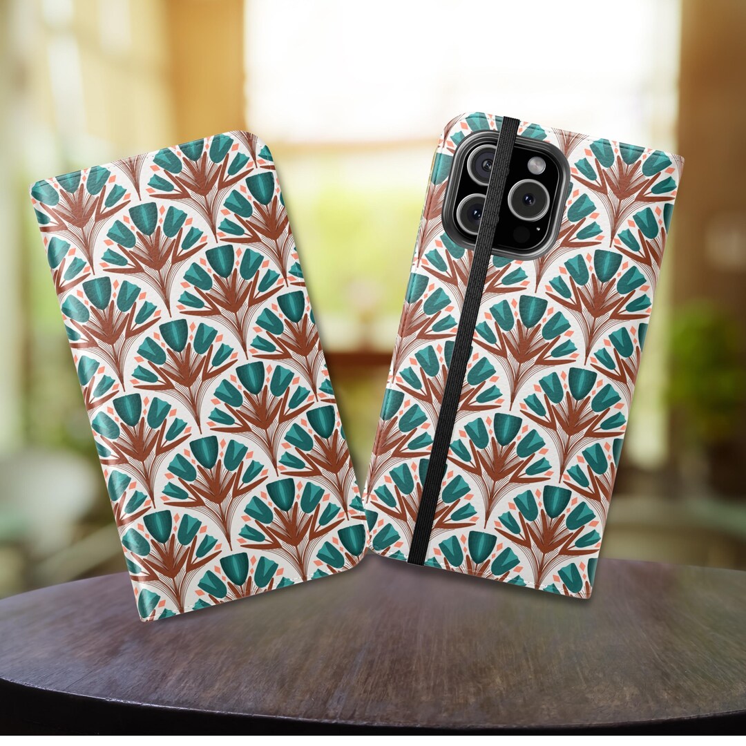 Art Deco Floral Phone Flip Folio Wallet Case Card Slots iPhone Samsung ...