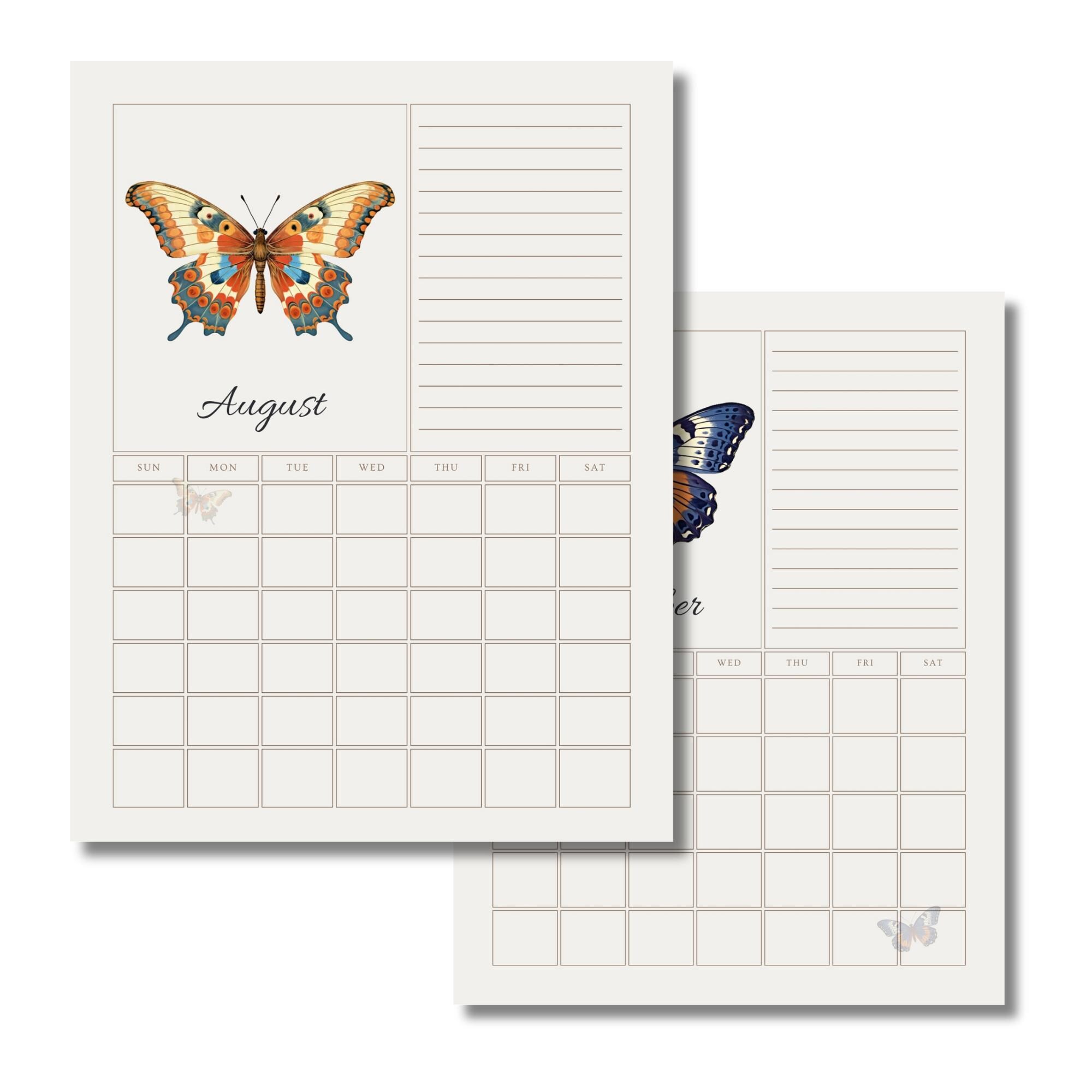 Undated Butterfly Calendar Printable | Monthly Planner for Home or ...