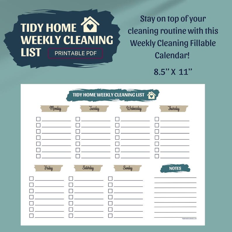 Printable and Fillable Tidy Home Weekly Cleaning Checklist | Spring ...