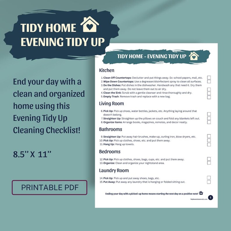 Printable and Fillable Tidy Home Evening Tidy up Cleaning Checklist ...
