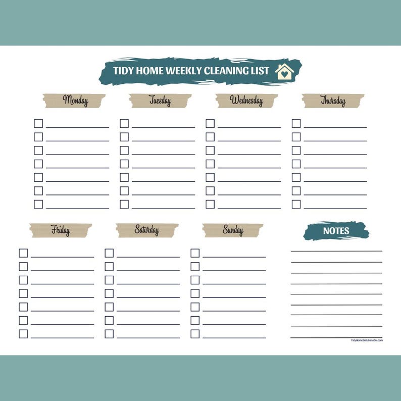 Printable and Fillable Tidy Home Weekly Cleaning Checklist | Spring ...