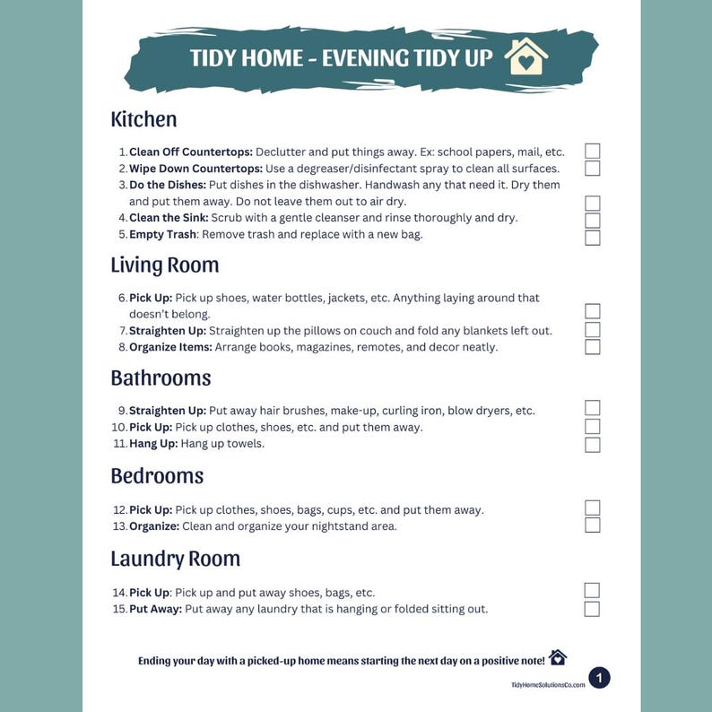 Printable and Fillable Tidy Home Evening Tidy up Cleaning Checklist ...