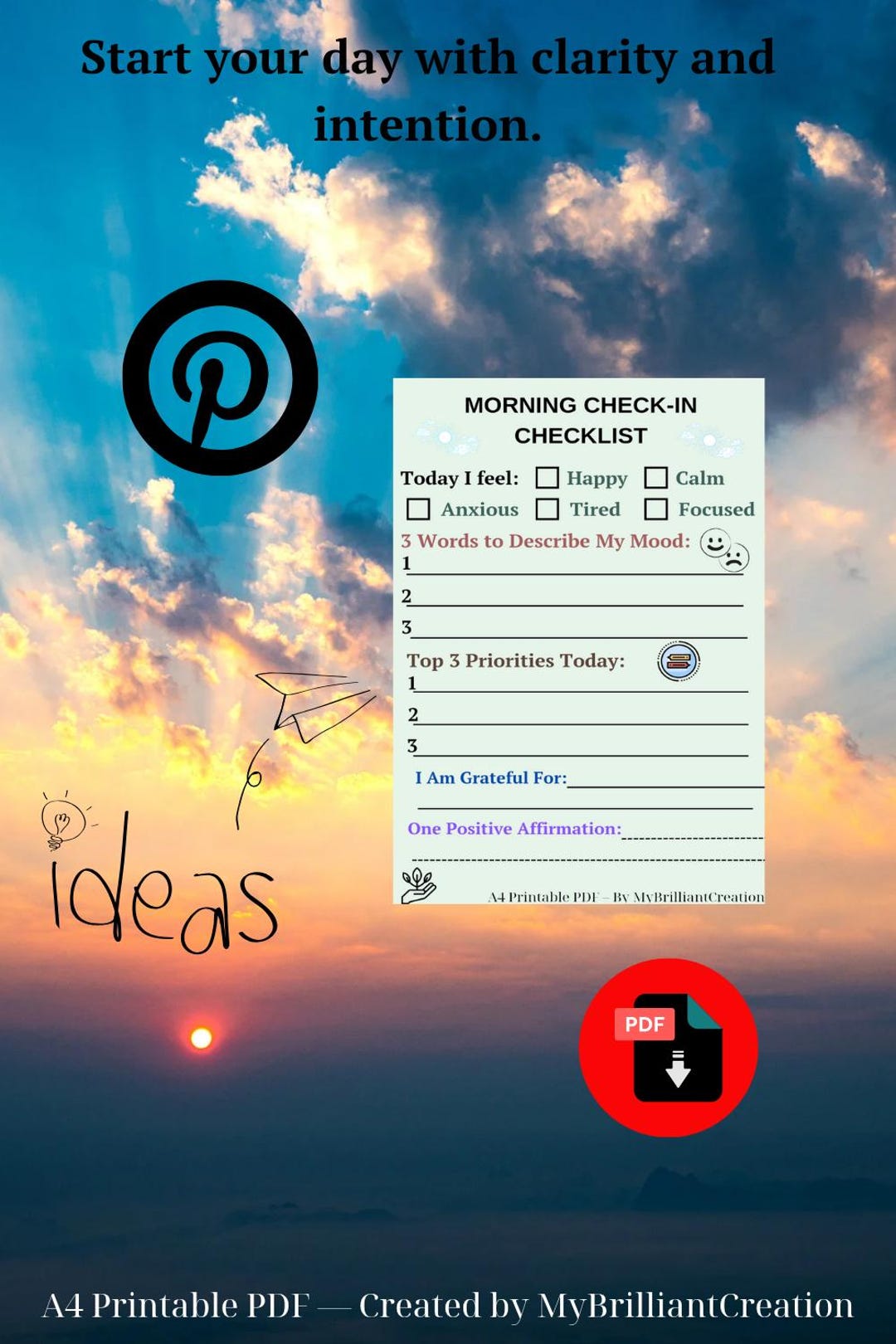 Morning Check-in Checklist | Daily Self-care Journal Page | A4 ...