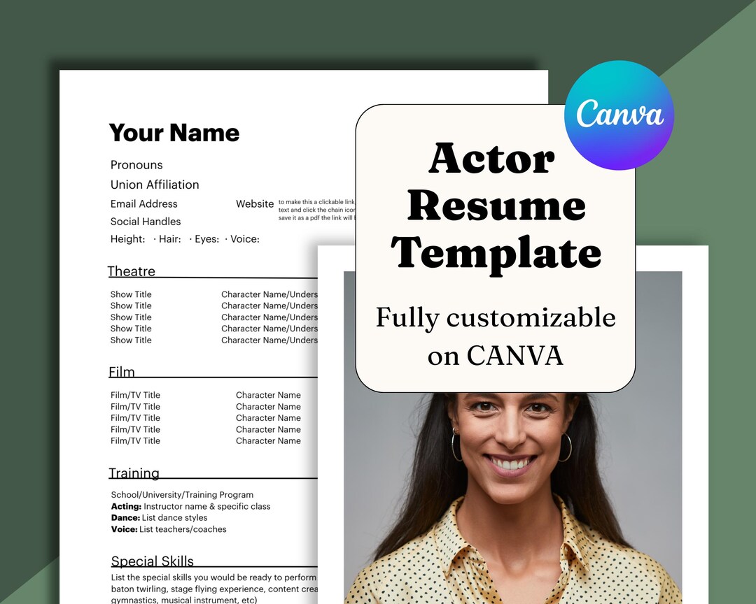 Actor Resume Template | Customizable Headshot CV (canva Template) - Etsy