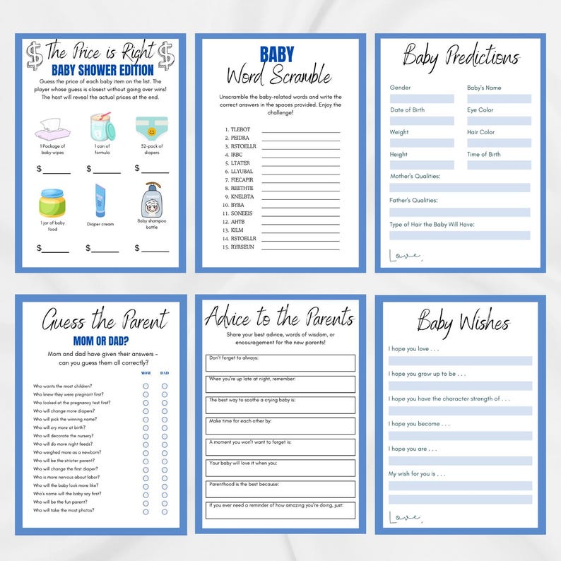 Blue Baby Shower Game Bundle Solid Color Printable Games - Etsy