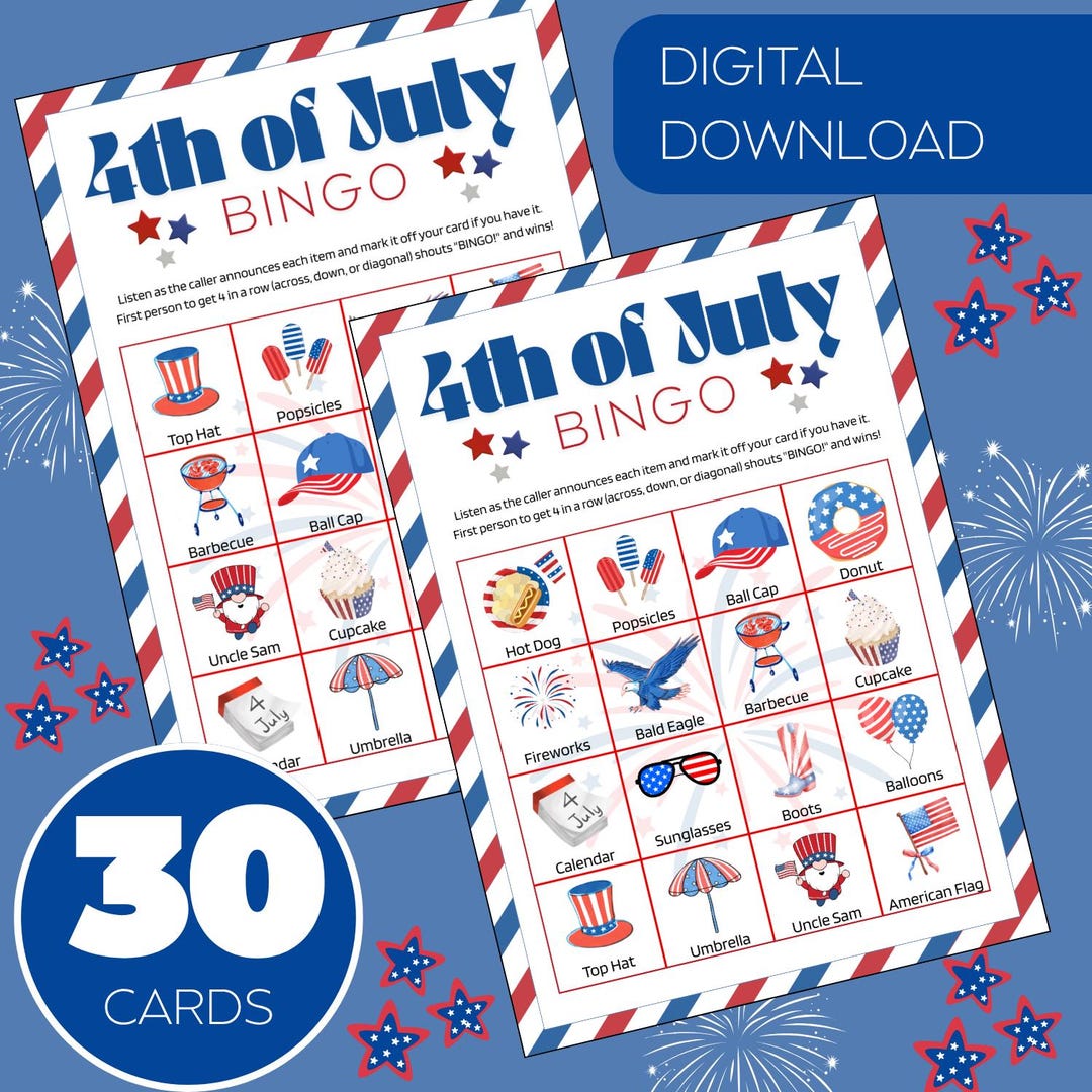 4th of July Bingo Printable – 30 Cards + Calling Cards – Fourth of July ...