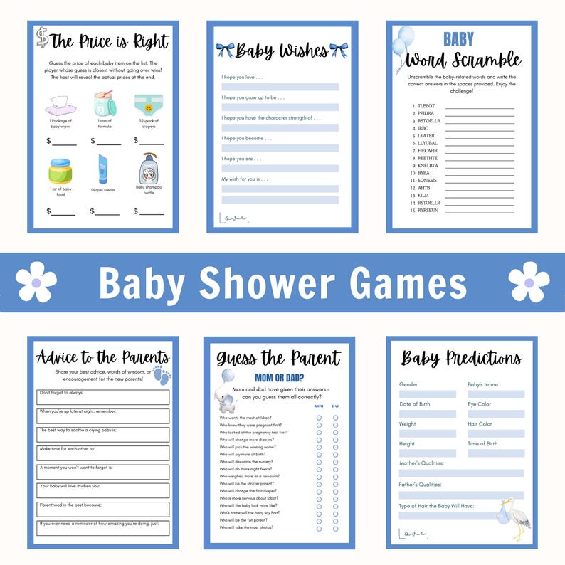 Blue Baby Shower Game Bundle - Boy Baby Shower Printable Games - Half ...