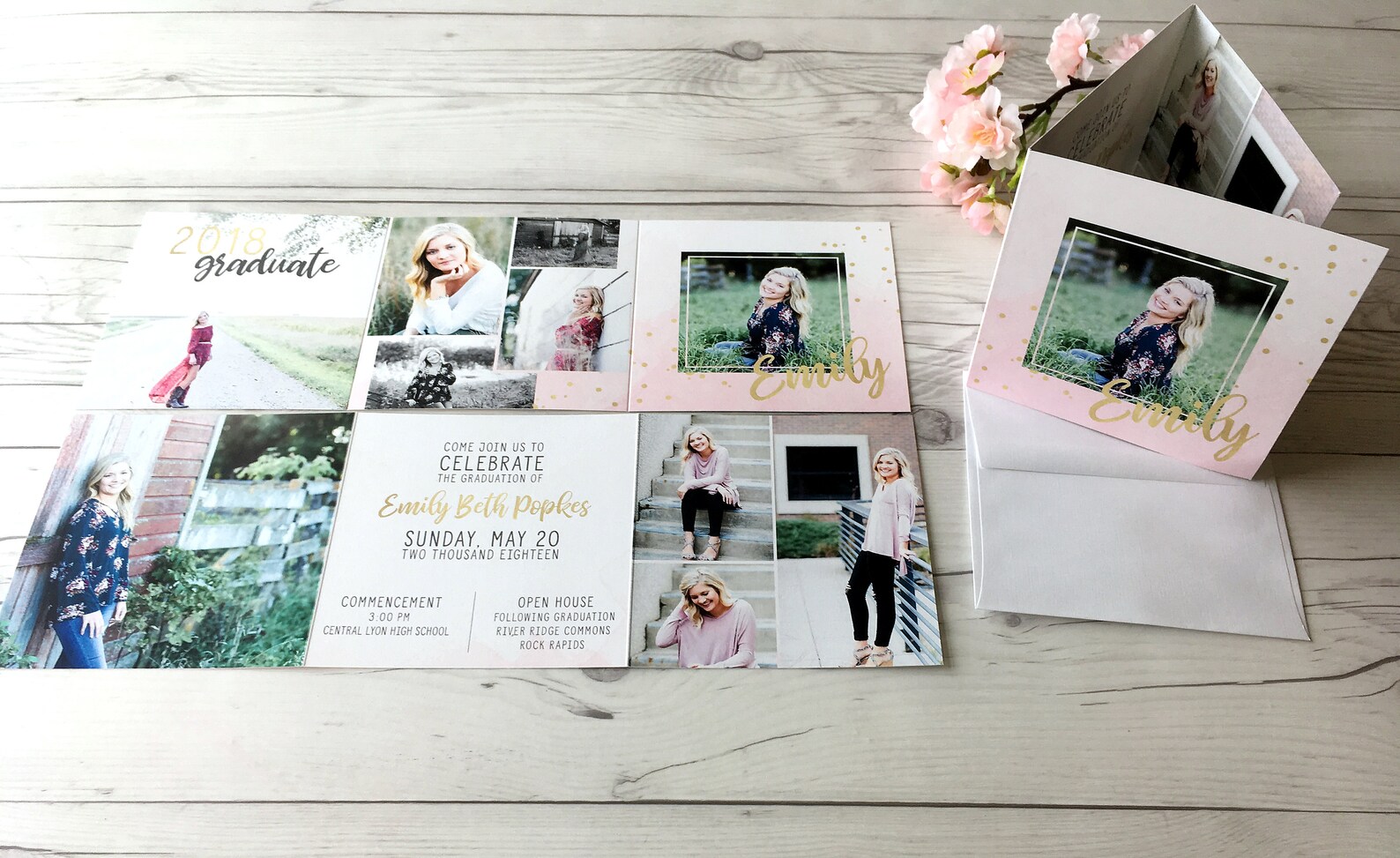 Folded Graduation Announcement Invitations Custom Tri-fold Pink & Gold ...