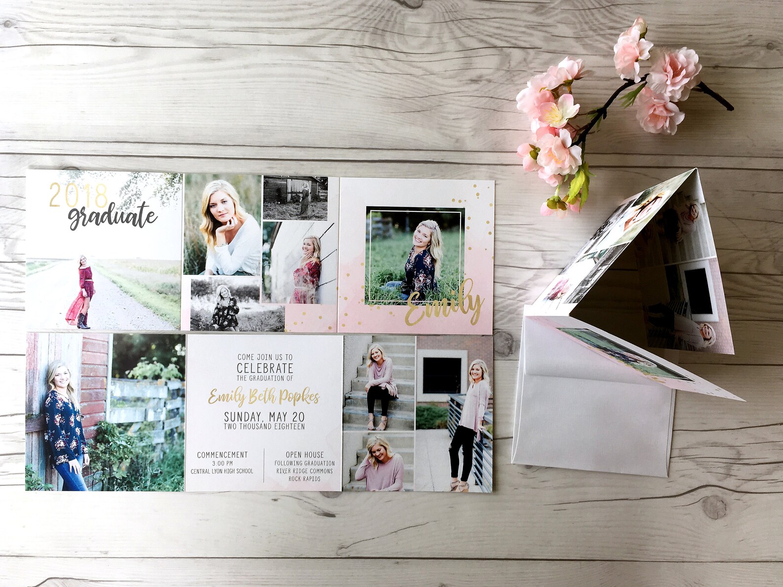 Folded Graduation Announcement Invitations Custom Tri-fold Pink & Gold ...