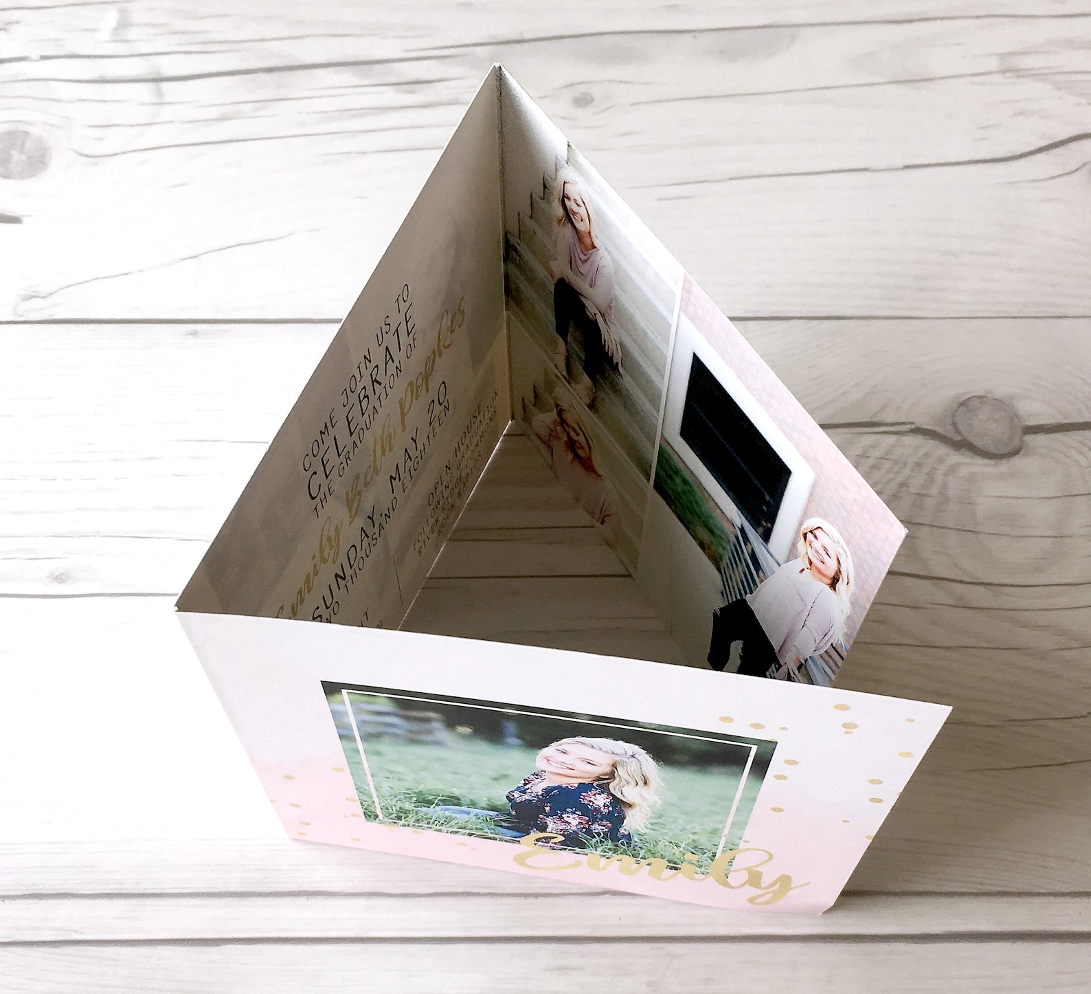 Folded Graduation Announcement Invitations Custom Tri-fold Pink & Gold ...