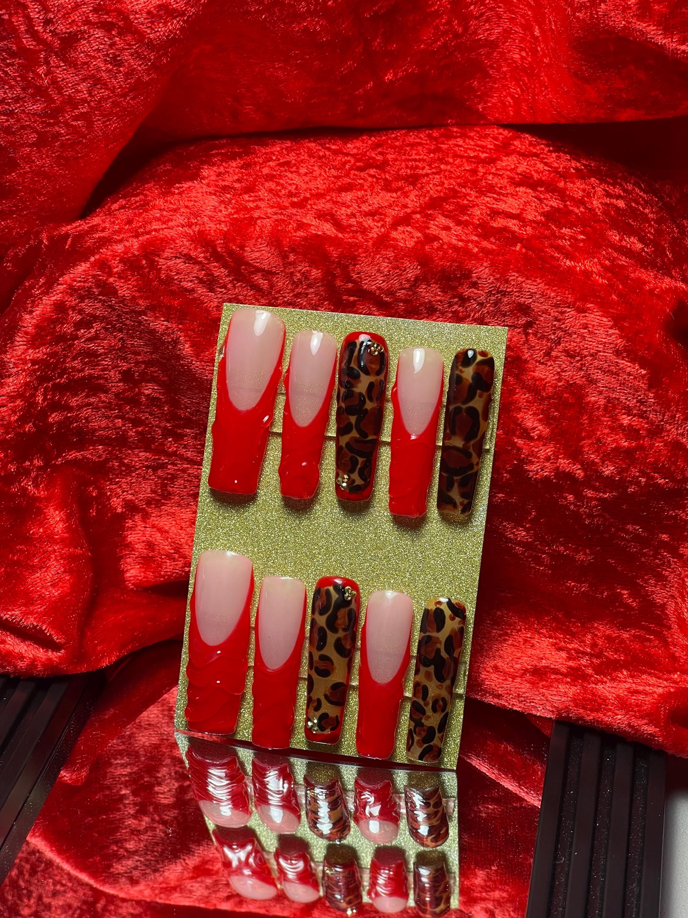 Hand Painted 3D Abstract Red Frenchies W/ Cheetah Accents - Red ...