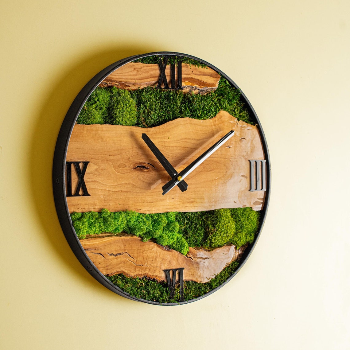 Custom Moss Olive Wood Wall Clock, Moss Clock With Metal Frame ...