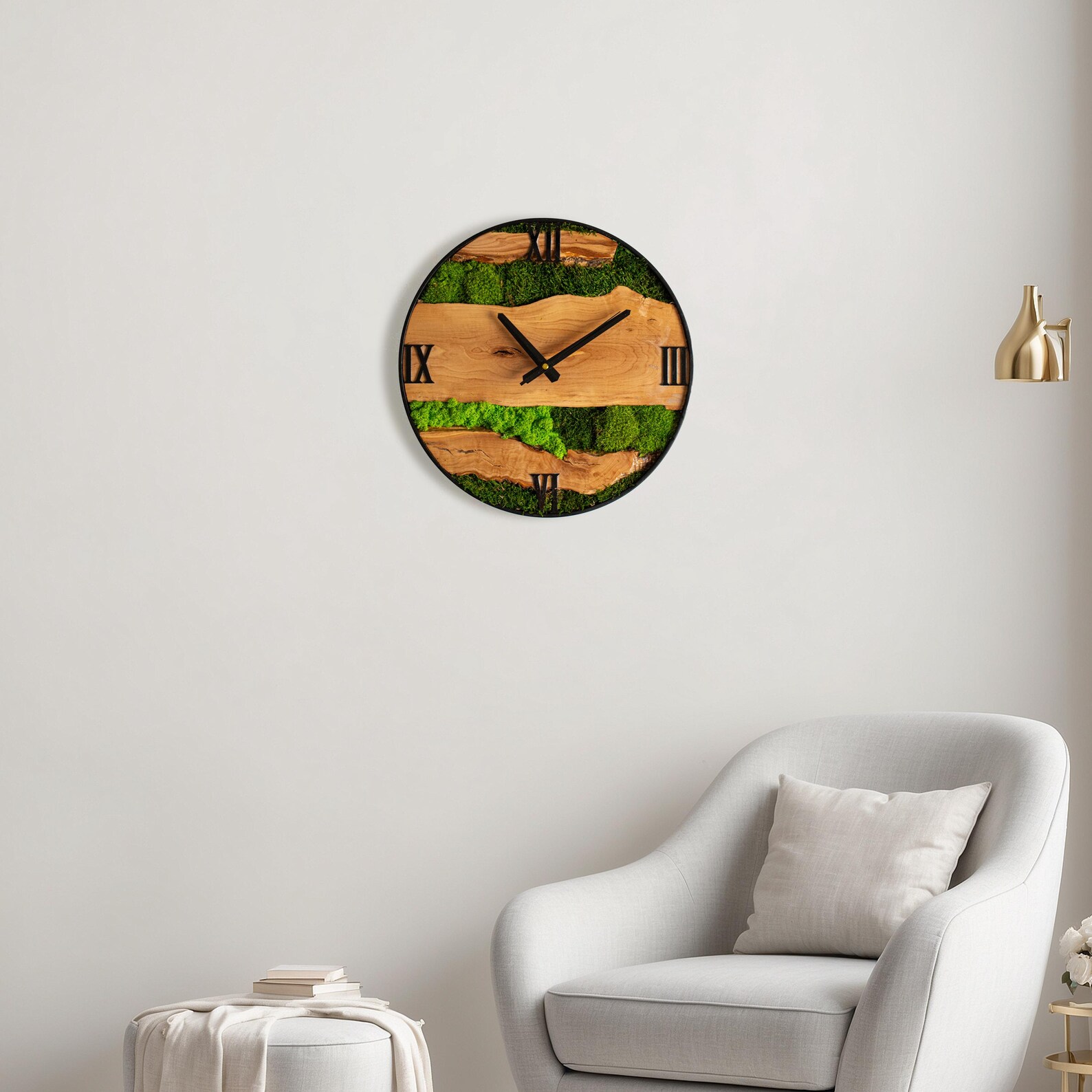 Custom Moss Olive Wood Wall Clock, Moss Clock With Metal Frame ...