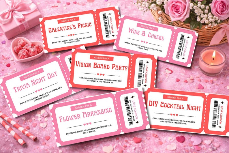 Cupones imprimibles para la cita de Galentine, plantilla de Canva para ...