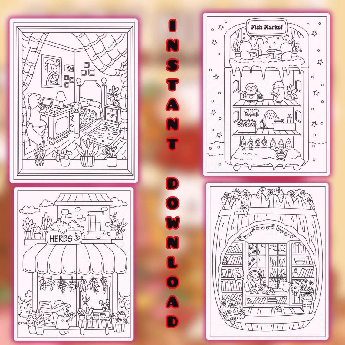 Cozy Nooks Coloring Pages: Super Cute Animals Characters in Cozy ...