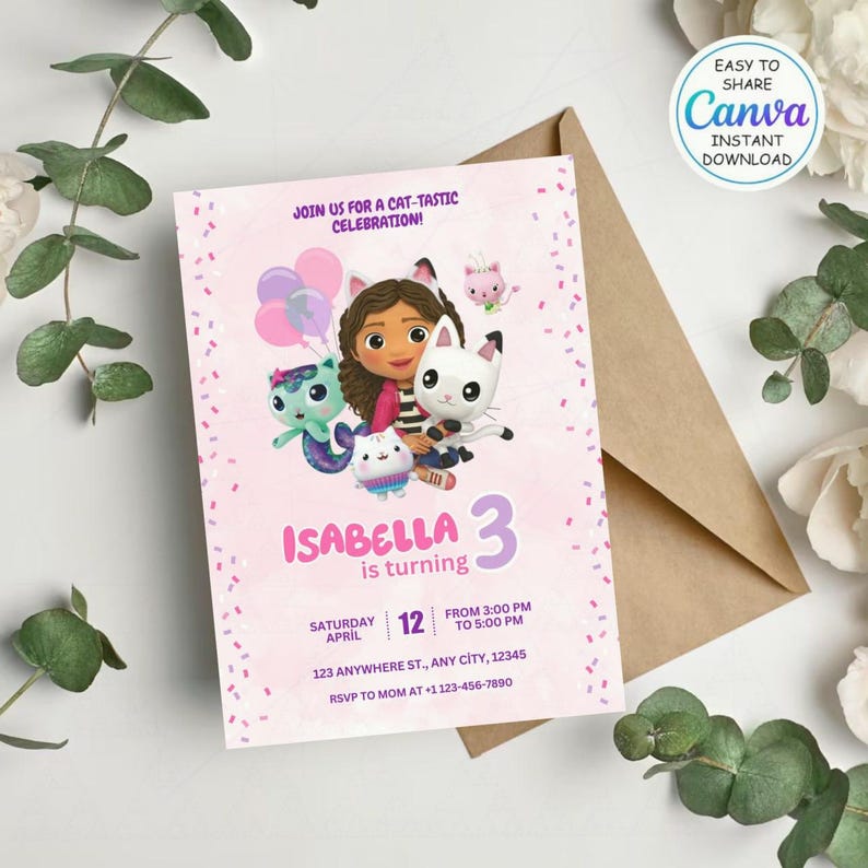 Gabby's Dollhouse Birthday Invitation | Editable Canva Template ...