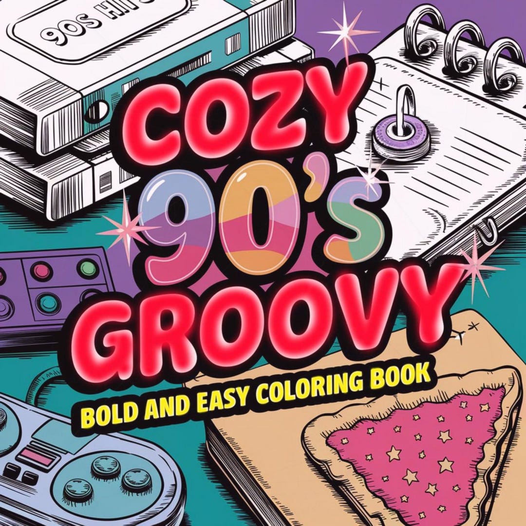 Cozy 90s Groovy: Cute Relaxation Coloring Book Bold and Easy Instant ...