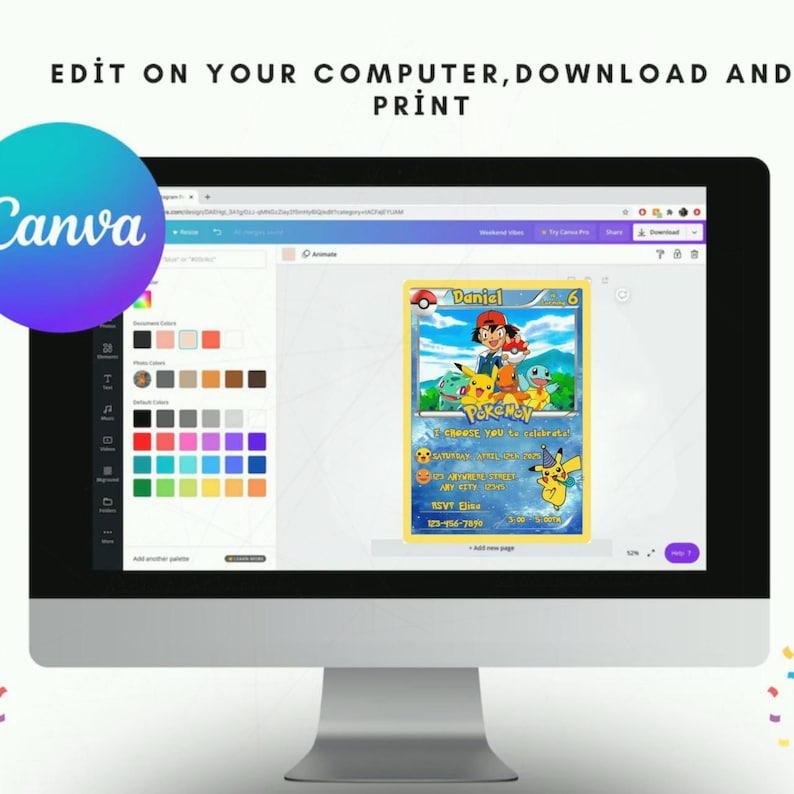 Pokémon Birthday Card, Red Yellow Cartoon Style, Editable Canva ...