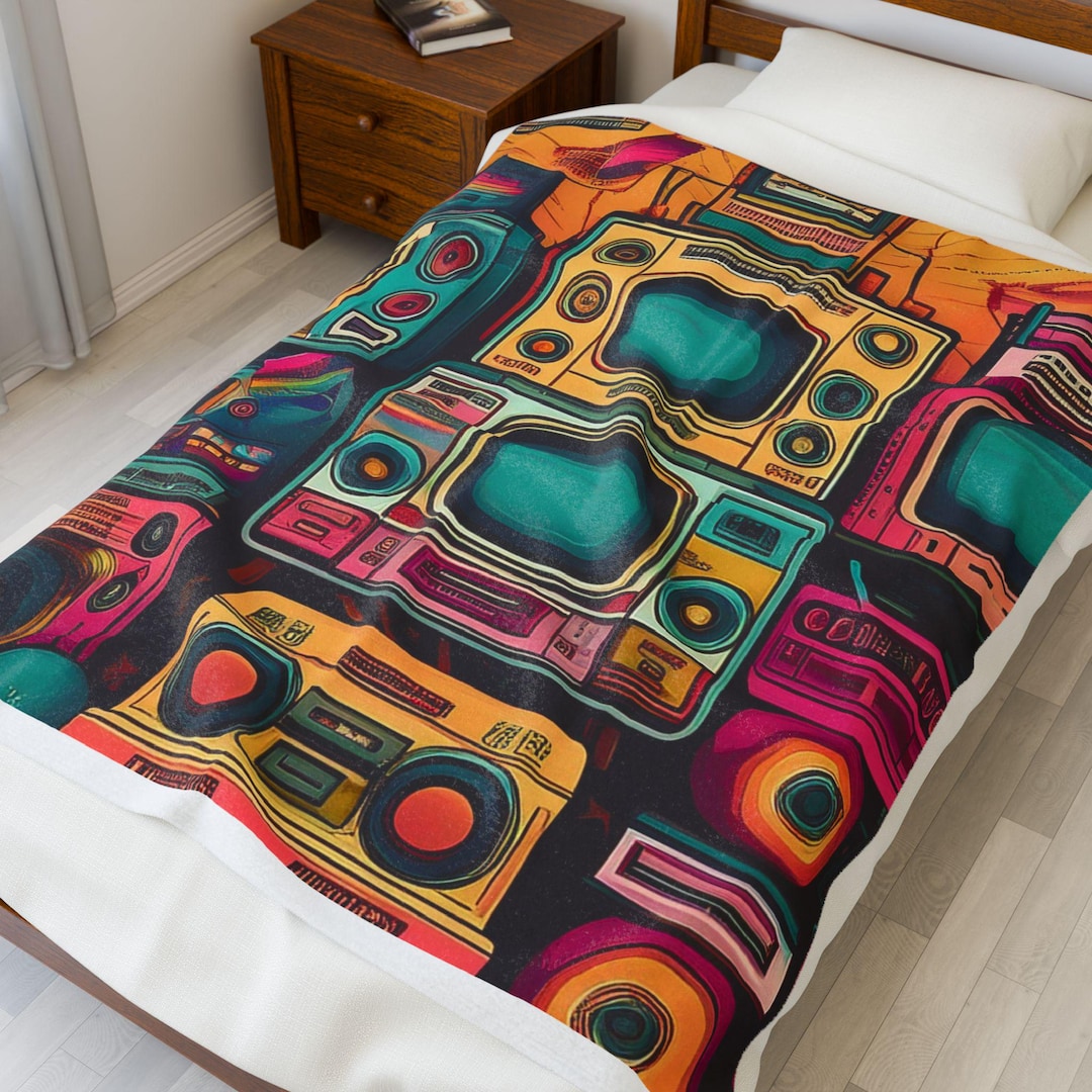 90s Retro Television Pattern Plush Blanket | Cozy Home Decor, Gift for ...