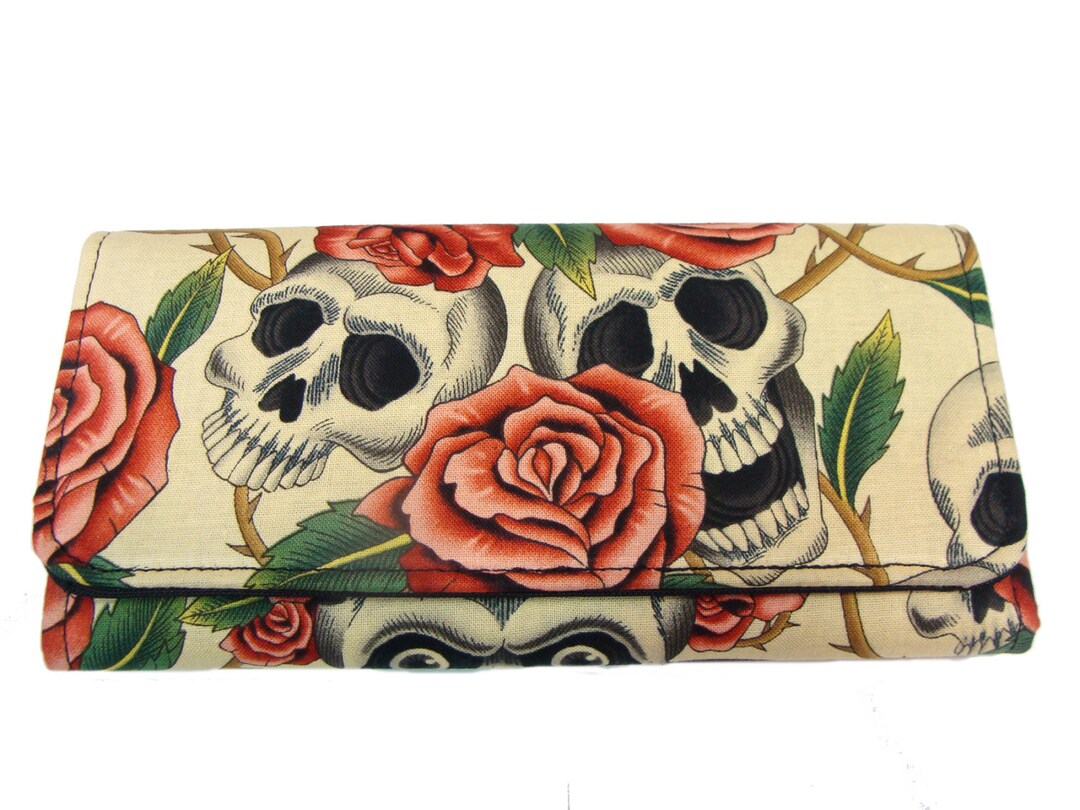Wallet Skulls Pink Roses Tattoos Skeleton Handmade Biege Color Cotton ...