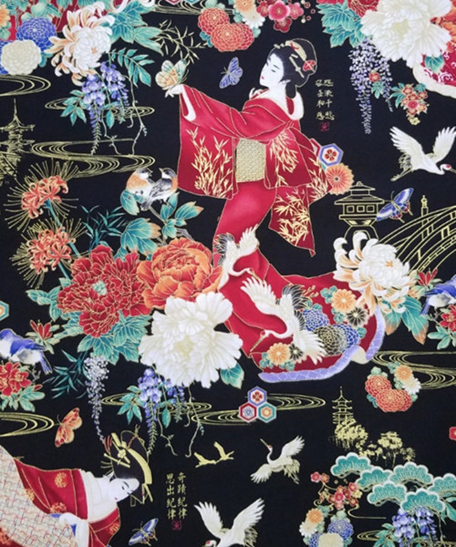 GEISHA IN GARDEN Asian Pattern Cotton Fabric 1/2 Yard New and - Etsy