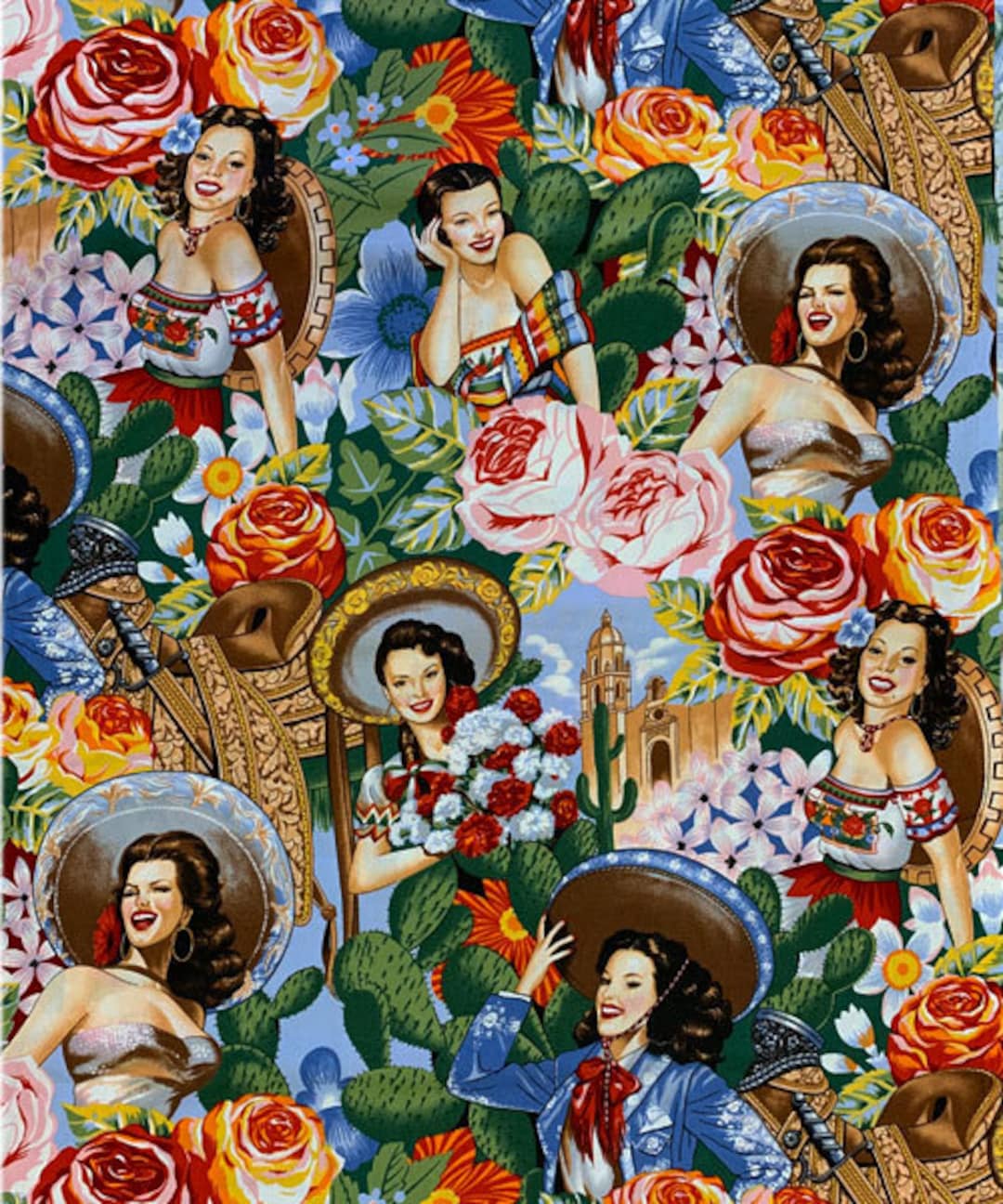 SENORITA PIN UP Girls Pattern Cotton Fabric 18 X 44 1/2 Yard New and ...
