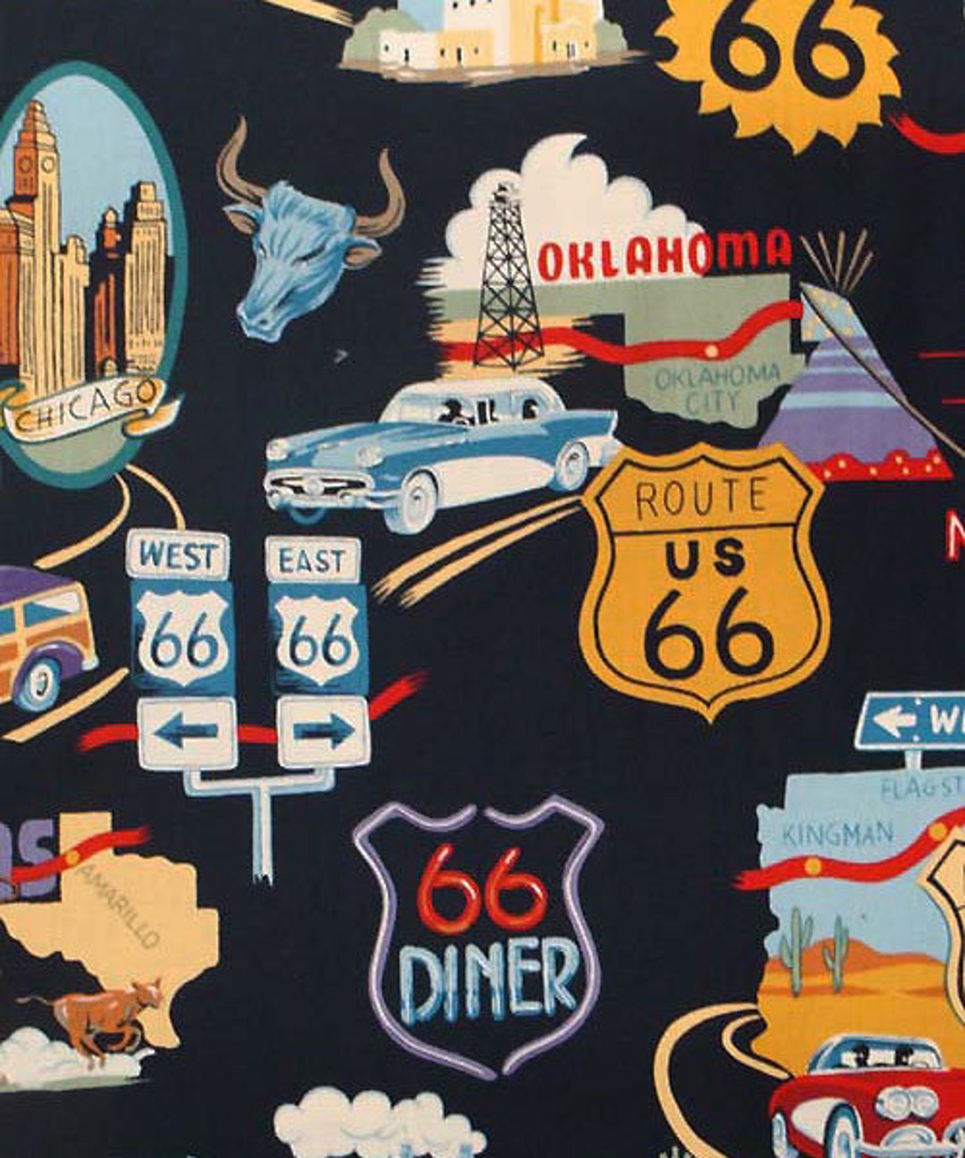 3152 ROUTE 66 102 CARS 50'S Pattern Cotton Fabric 18" X 44" - 1/2 Yard ...