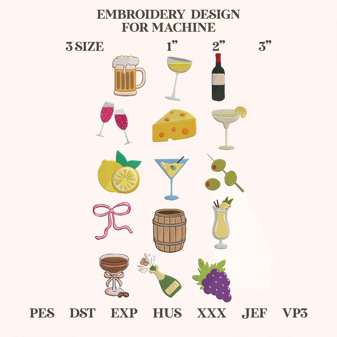 Set of 15 Cocktail Drinks Mini Embroidery Designs, Drink Cocktails ...