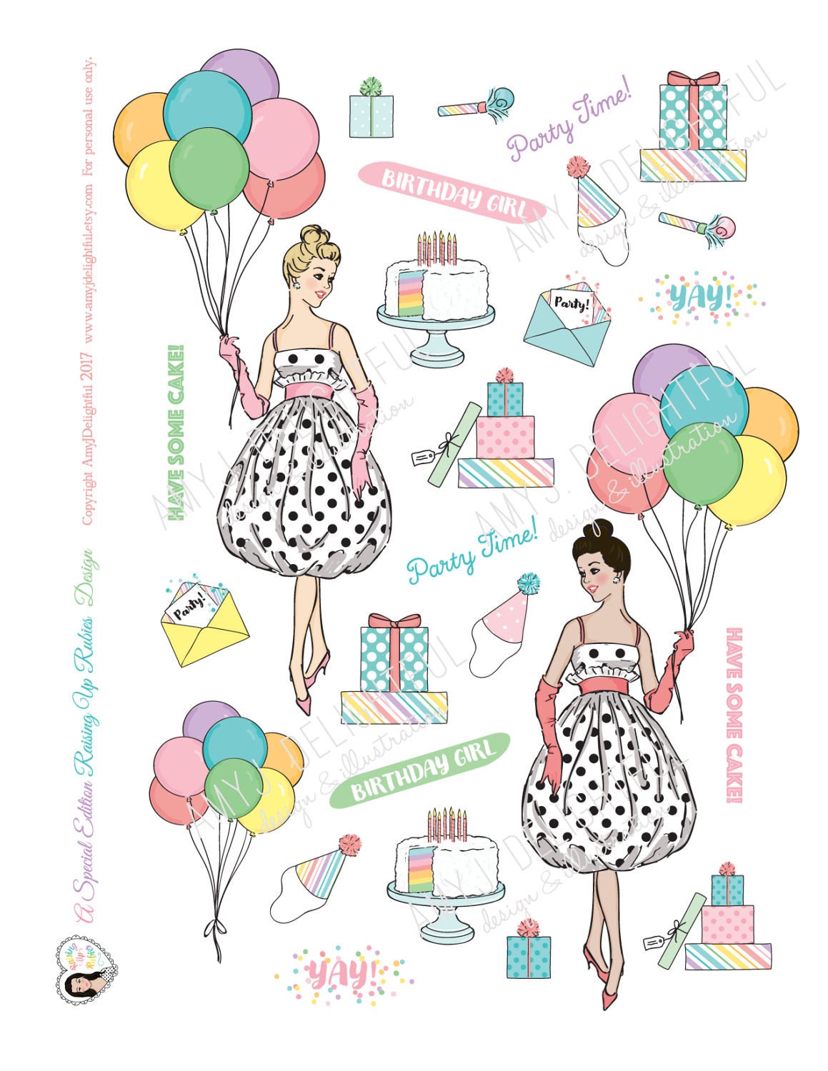 Printable Retro BIRTHDAY Party stickers Digital File Instant | Etsy