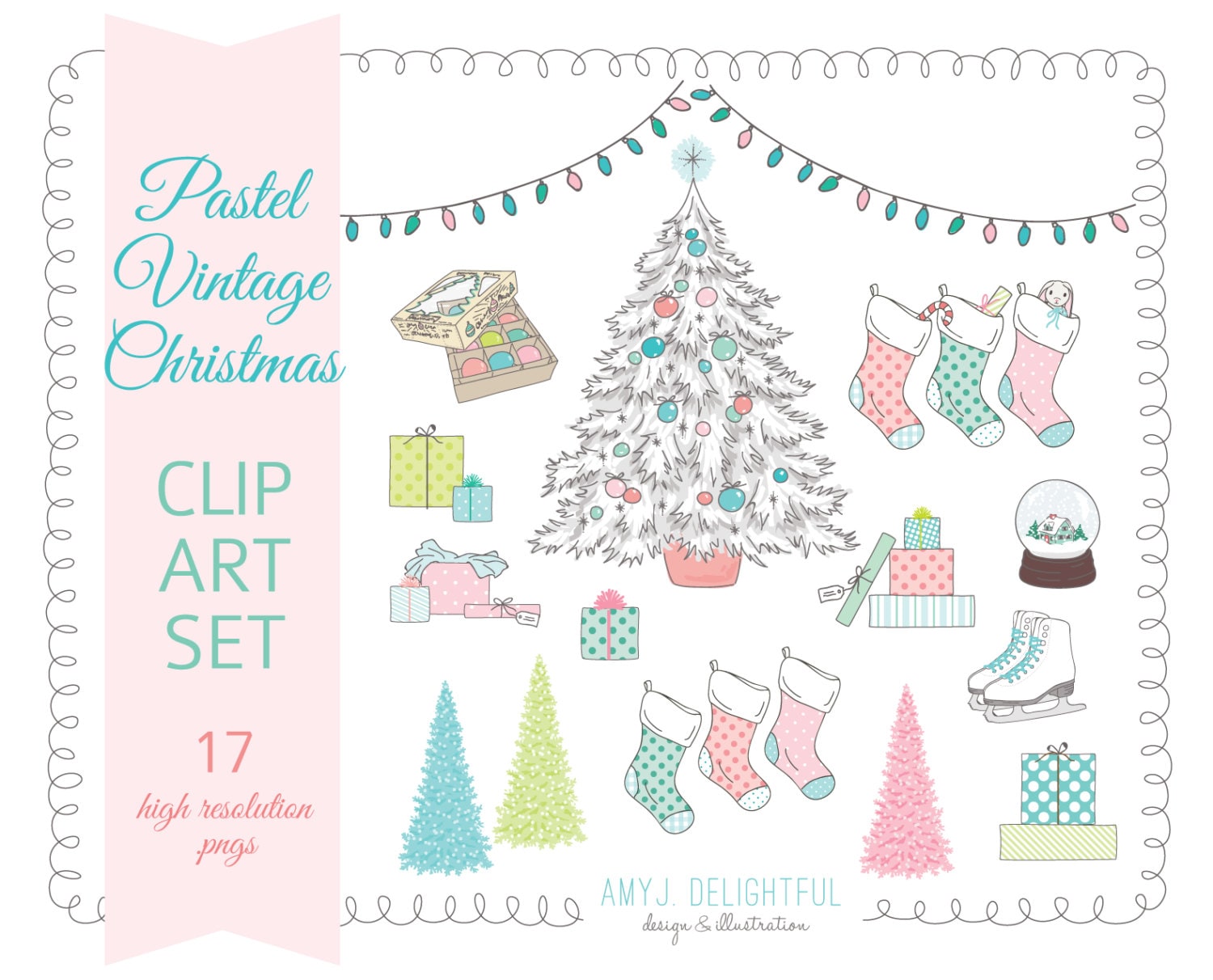 Pastel Vintage Christmas Holiday CLIP ART SET for personal and | Etsy