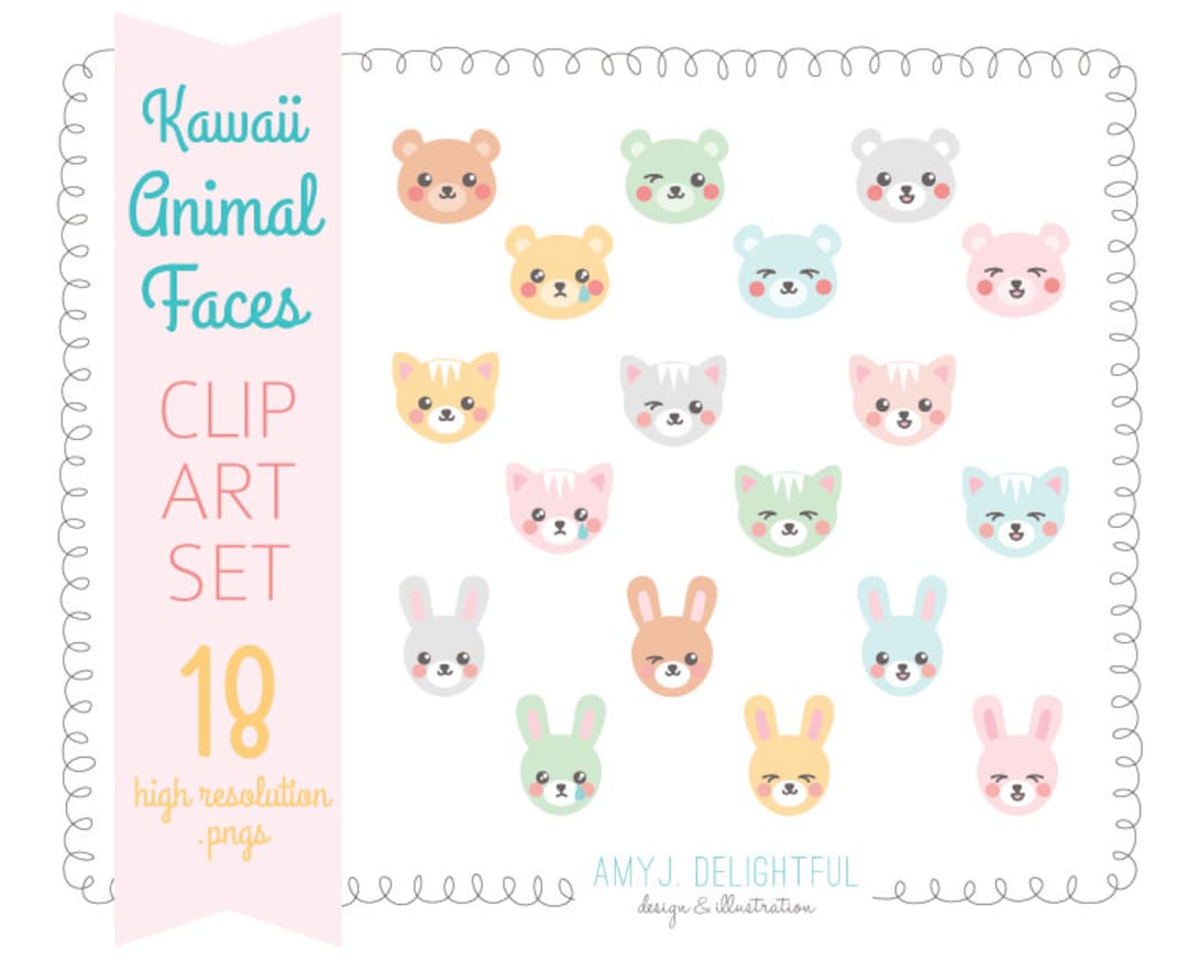 Kawaii Animal Faces CLIP ART SET for Personal and Commercial Use- Cute ...