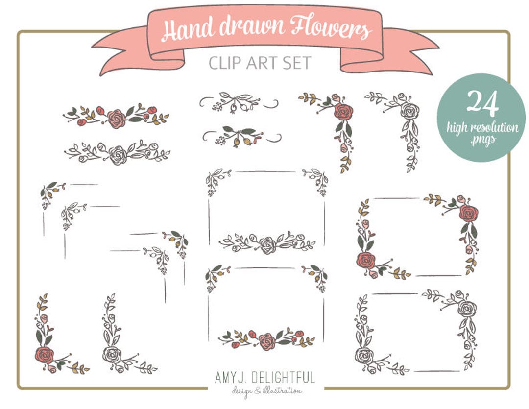 Hand Drawn Florals CLIP ART SET for Personal and Commercial Use- Floral ...
