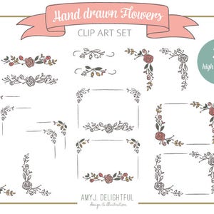 Hand Drawn Florals CLIP ART SET for Personal and Commercial Use- Floral ...