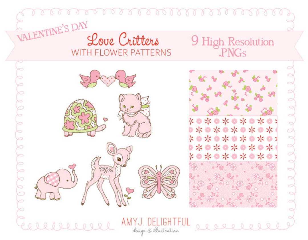 Valentine's Day Love Critters CLIP ART SET With Floral Patterns -for ...