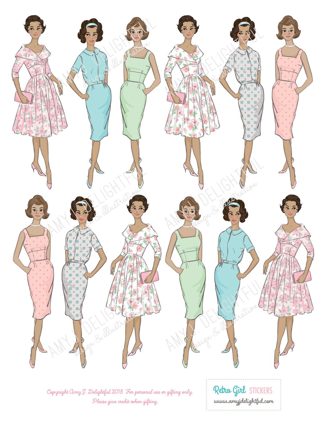 Printable SEW FASHIONABLE Retro Girl Stickers!-women of Color- Instant ...