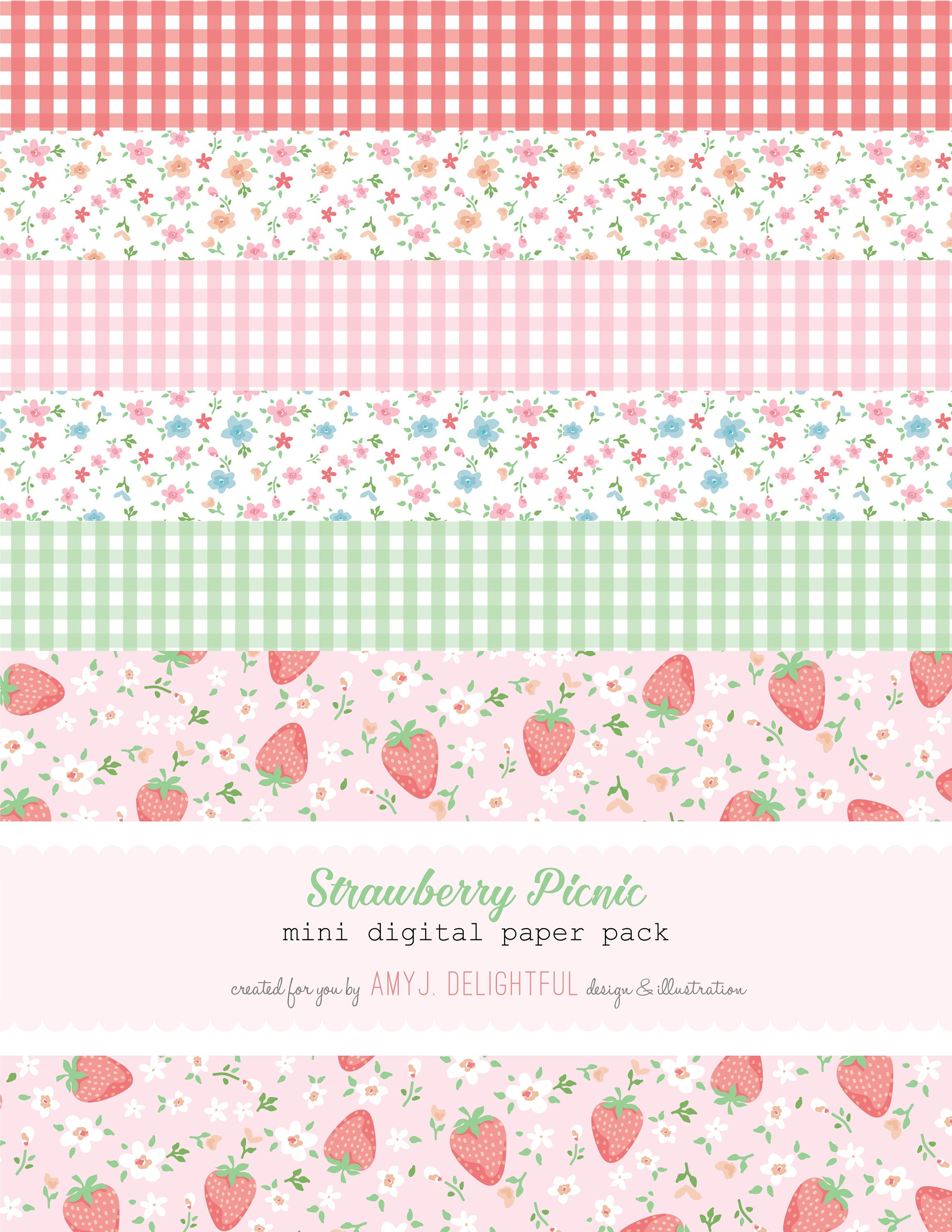 Strawberry Picnic Mini Digital Paper Pack - Digital Papers, Vintage ...
