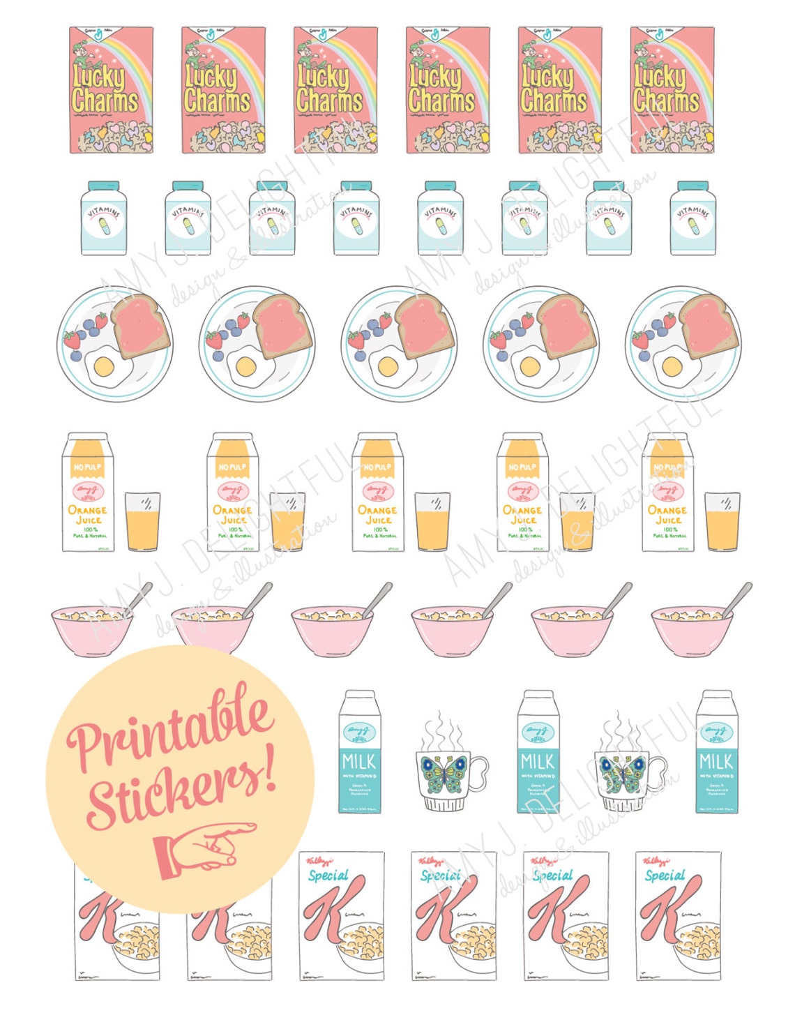 Printable BREAKFAST Stickers!-digital File Instant Download-shower, Makeup, Blowdryer, Alarm ...