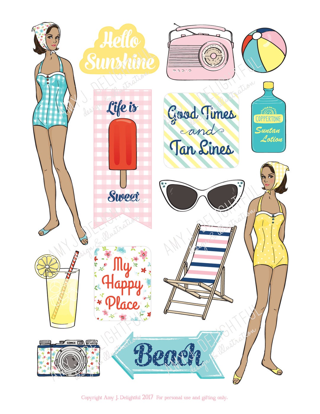 Printable RETRO BEACH Die Cuts!-digital File Instant Download- Women of ...