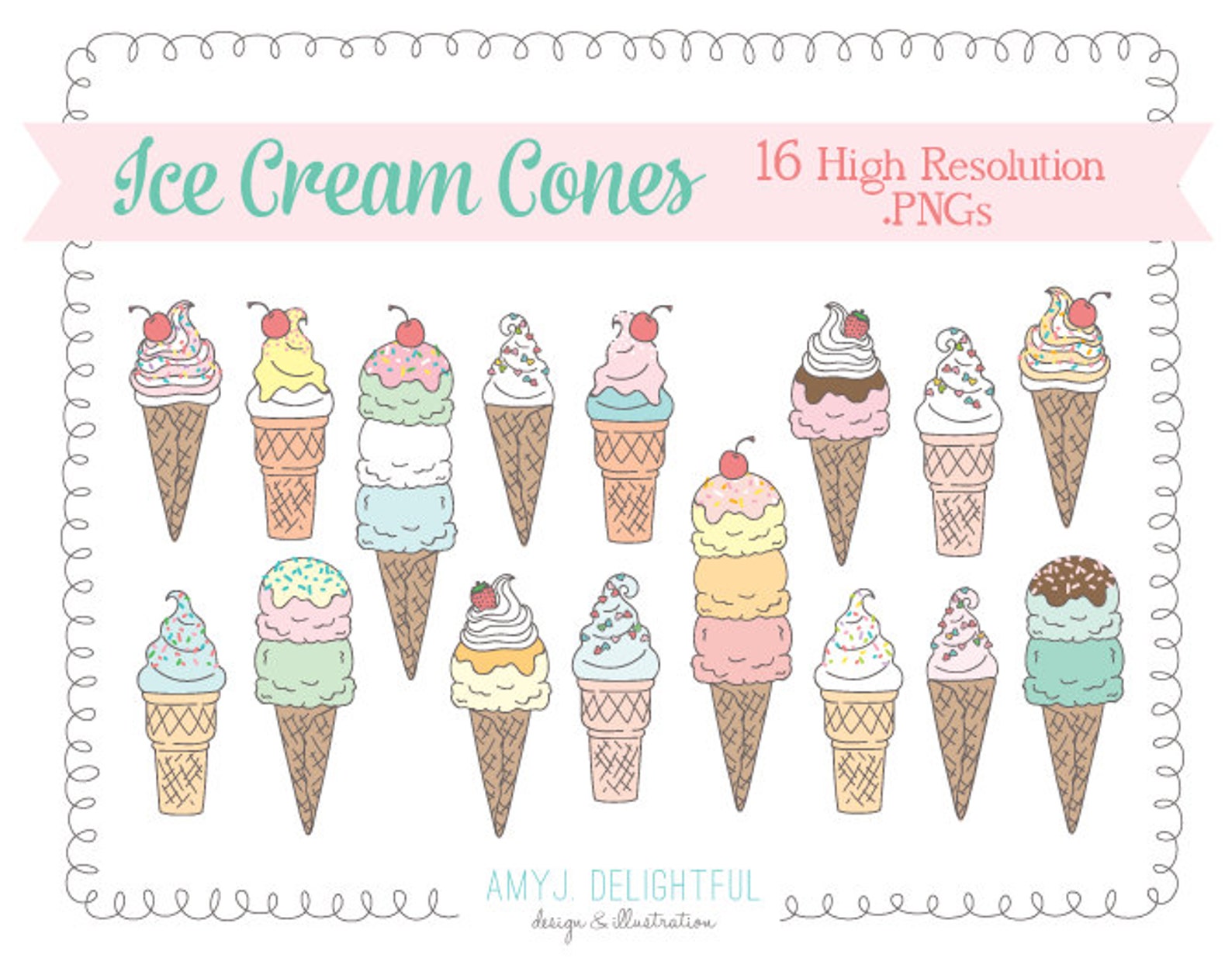 ICE CREAM CONES Clip Art Set for Personal and Commercial Use - Etsy