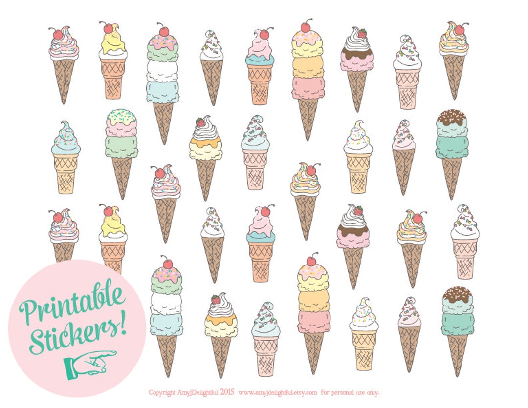 Printable Ice Cream Cone STICKERS - Digital File Instant Download ...