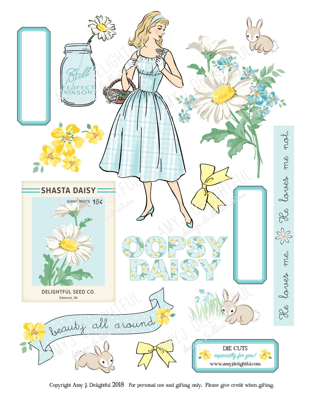 Printable DAISY Ephemera! - Digital File Instant Download- Turquoise ...
