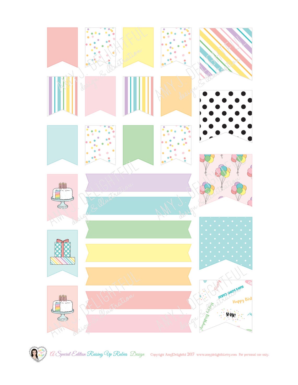 Printable Retro BIRTHDAY Flags and Banners Stickers digital | Etsy